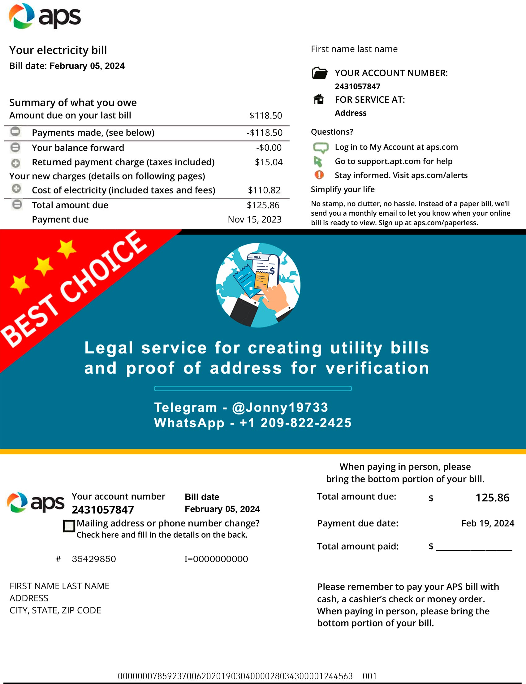 Fake Arizona APS electricity utility bill