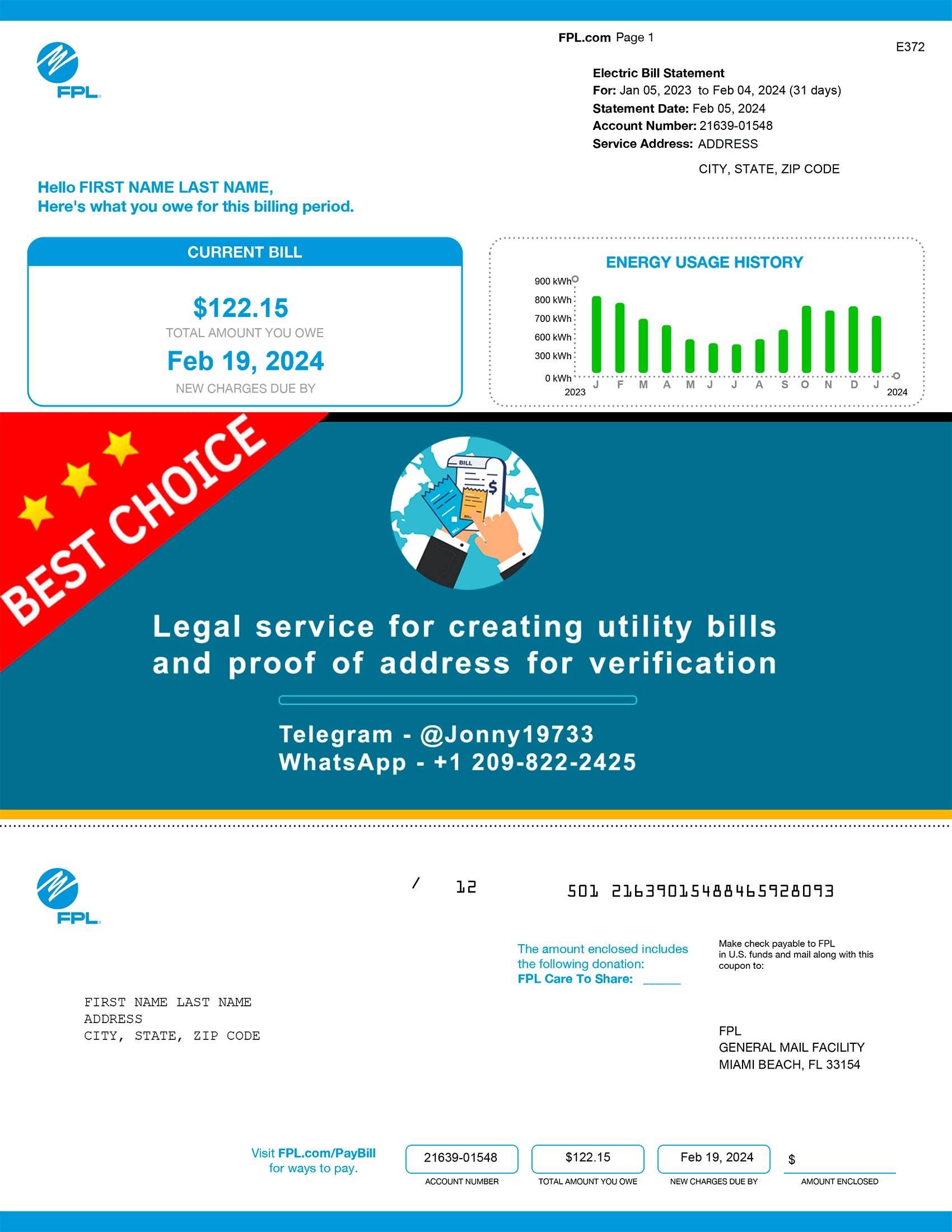 Fake Florida FPL ELectric Bill Statement