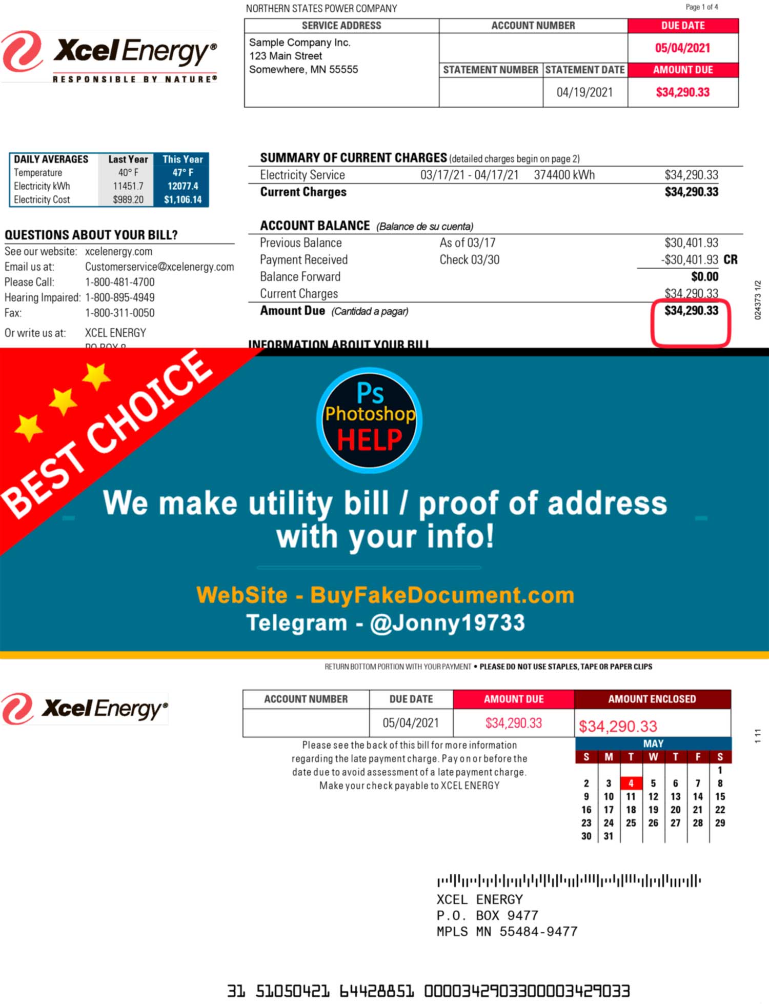 Fake South Dakota Xcel Energy utility bill