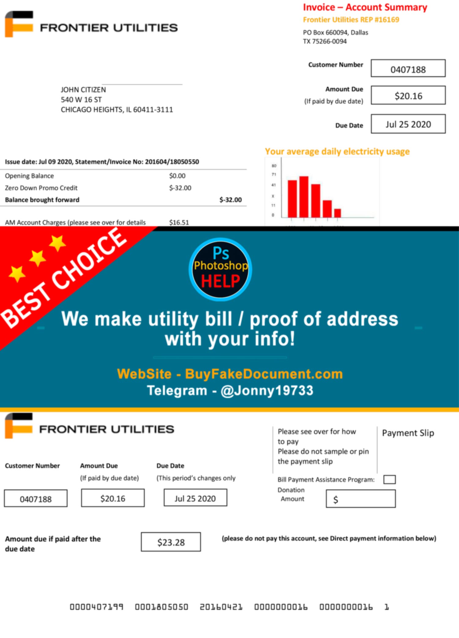 Fake Texas Frontier Utilities utility bill
